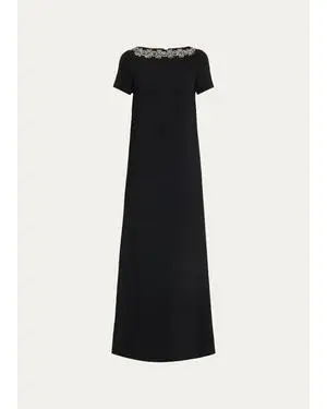 Carolina Herrera Embellished Boat-neck Crepe Short-sleeve Gown - Black