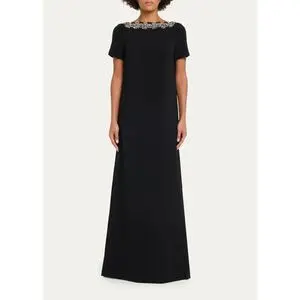 Carolina Herrera Embellished Boat-neck Crepe Short-sleeve Gown - Black