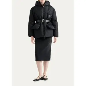 Prada Re-nylon Belt Cinched Hooded Down Jacket