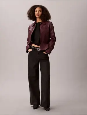Calvin Klein Distressed Faux Leather Moto Jacket - Raspberry Truffle