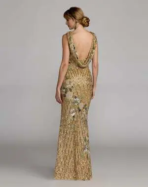 MAC DUGGAL COLLECTION Floral Embellished Sleeveless Cowl Back Gown
