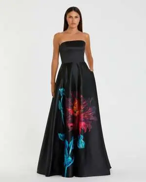 Mac Duggal Floral Print Strapless Satin Gown - Black Multi
