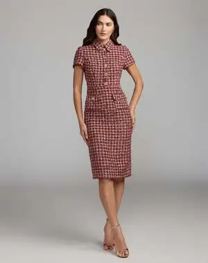 Mac Duggal Houndstooth Boucle Colla Midi Dress - Red