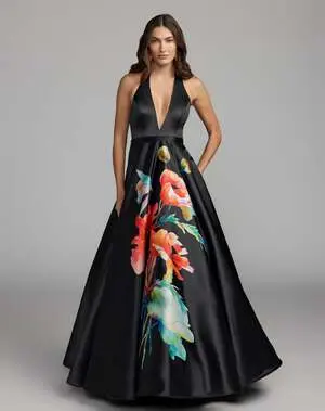Mac Duggal Floral Print Halter Neck Ball Gown
