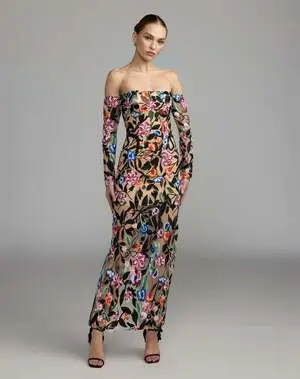 Mac Duggal Floral Embroidered Long Sleeve Maxi Dress - Nude Multi