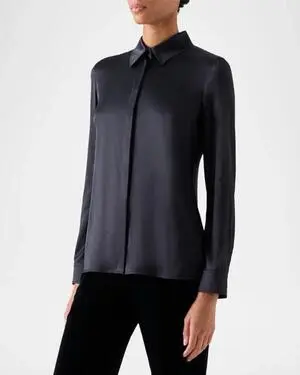 Akris Silk Satin Long-sleeve Blouse - Black