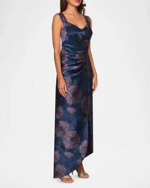 KAY UNGER Wesley Pleated Floral Jacquard Column Gown - Ink Multi