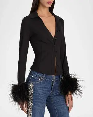 Alice + Olivia Freya Feather-cuff Top - Black