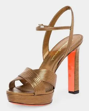 Santoni 100mm Laureen Metallic Leather Platform Sandals - Bronze
