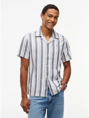 Tommy Hilfiger Regular Fit Striped Linen-blend Camp Shirt - Grey Multi