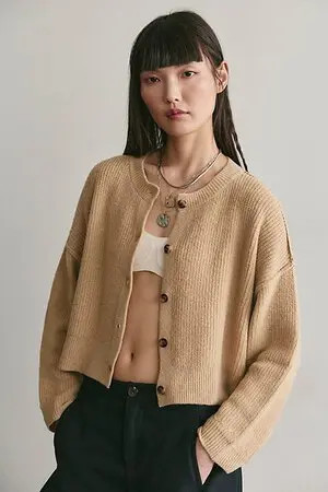 Free People Softspun Ribbed Knit Cardigen - Oat Latte