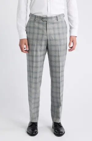 Berle Virgin Wool Plaid Dress Pants - Light Grey