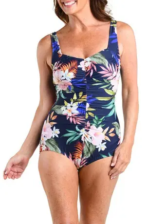 MAXINE OF HOLLYWOOD Leisure Tropics Ruched Full Coverage One-piece Swimsuit - Blue Multi