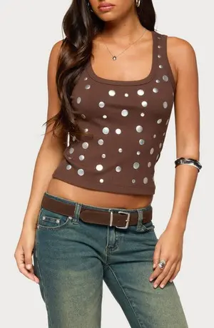EDIKTED Isabella Studded Tank Top - Brown