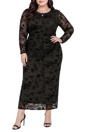 STANDARDS & PRACTICES Floral Mesh Ruched Waist Fishtail Maxi Dress - Black