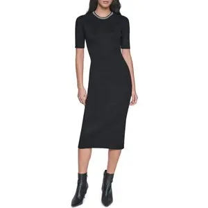 Dkny Necklace Detail Ribbed Midi Dress - Black