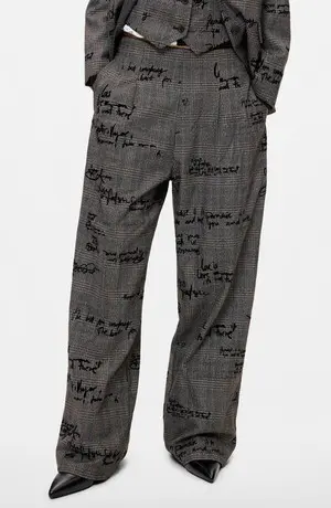 Desigual Checked Script Wide Leg Pants - Dark Grey
