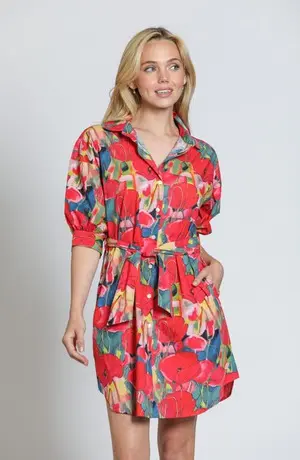 APNY Puff Sleeve Belted Cotton Shirtdress