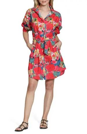 APNY Puff Sleeve Belted Cotton Shirtdress - Red Multi
