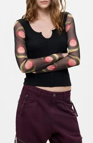 Desigual Printed Mesh Sleeve Long Sleeve Tee - Black