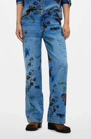 Desigual Print Mid Rise Straight Leg Jeans - Medium Blue