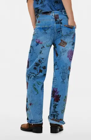 Desigual Print Mid Rise Straight Leg Jeans