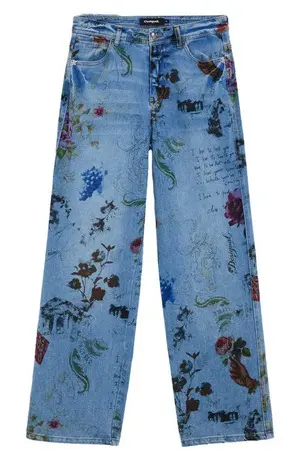 Desigual Print Mid Rise Straight Leg Jeans