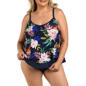 MAXINE OF HOLLYWOOD Leisure Tropics Flutter Hem Tankini Top - Blue Multi