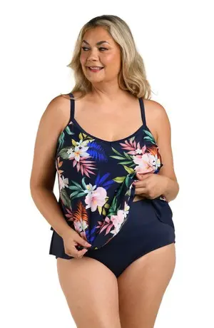 MAXINE OF HOLLYWOOD Leisure Tropics Flutter Hem Tankini Top - Blue Multi