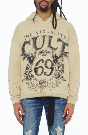 CULT OF INDIVIDUALITY Graphic Studded French Terry Hoodie - Winter White