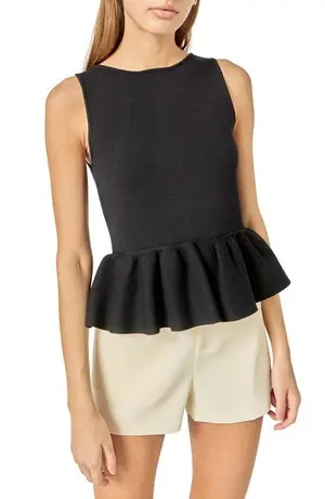 English Factory Peplum Sleeveless Knit Top - Black