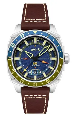 AVI-8 Hawker Hunter Atlas Gmt Automatic Leather Strap Watch - Blue