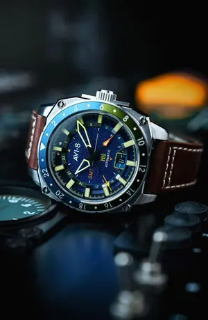 AVI-8 Hawker Hunter Atlas Gmt Automatic Leather Strap Watch - Blue