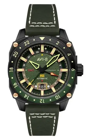AVI-8 Hawker Hunter Atlas Gmt Automatic Leather Strap Watch - Green