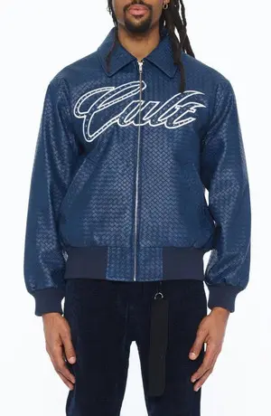 CULT OF INDIVIDUALITY Woven Faux Leather Varsity Jacket - Navy