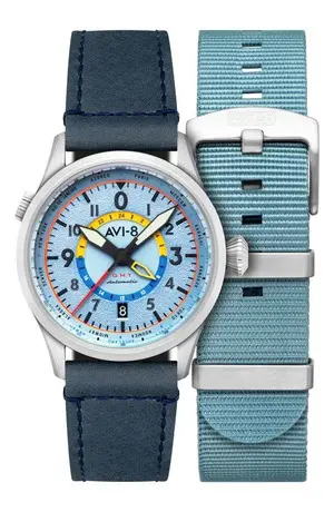 AVI-8 Flyboy Wingman Worldtime Automatic Leather Strap Watch - Blue