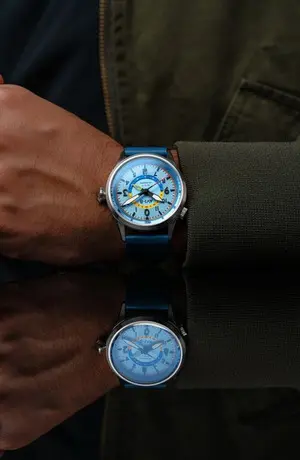 AVI-8 Flyboy Wingman Worldtime Automatic Leather Strap Watch - Blue