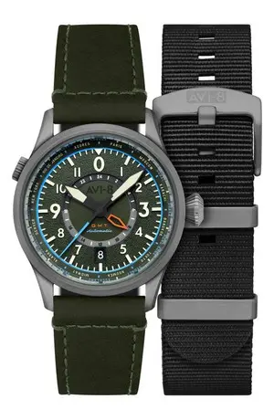 AVI-8 Flyboy Wingman Worldtime Automatic Leather Strap Watch - Green