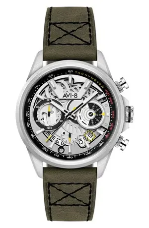 AVI-8 Hawker Harrier Matador Chronograph Leather Strap Watch - Silver