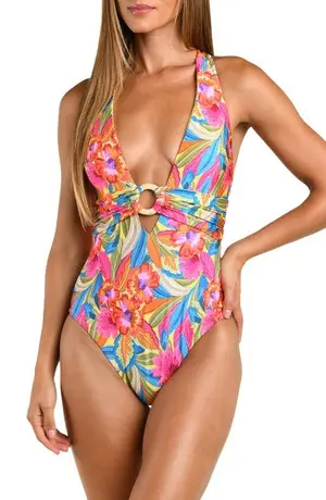 SUNSHINE 79 Tropic Tapestry Plunge Moderate Coverage One-piece Swimsuit - Pink Multi