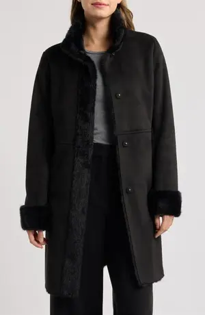 Via Spiga Faux Fur Trim Faux Suede Car Coat - Black