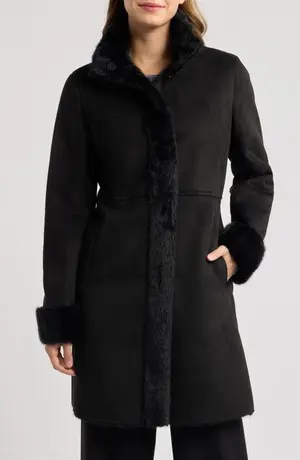 Via Spiga Faux Fur Trim Faux Suede Car Coat - Black