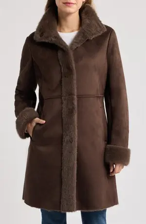 Via Spiga Faux Fur Trim Faux Suede Car Coat - Chocolate