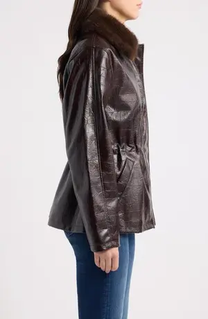 Bernardo Croc Embossed Faux Leather Jacket With Faux Fur Collar