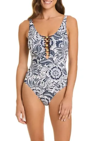 BLEU BY ROD BEATTIE Lace Up Floral One-piece Swimsuit - Midnight