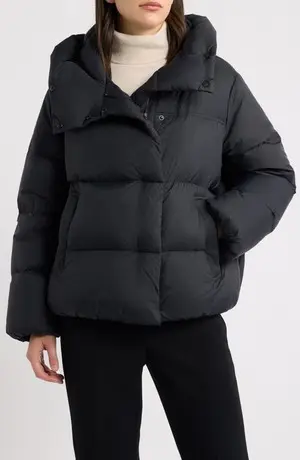 Vince Asymmetrical Stand Collar Hooded Puffer Jacket - Black