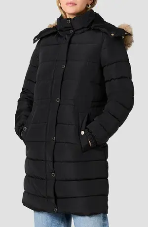 French Connection Water Resistant Faux Fur Trim Puffer Coat - Black