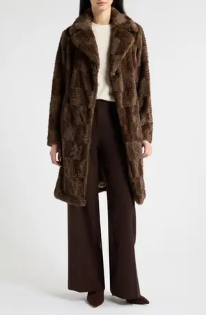 Via Spiga Embossed Faux Fur Reefer Coat - Chocolate