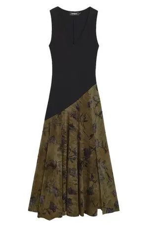 Desigual Floral Sleeveless Mixed Media Midi Dress - Black