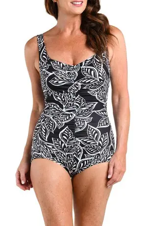MAXINE OF HOLLYWOOD Native Vines Ruched Spa One-piece Swimsuit - Black
